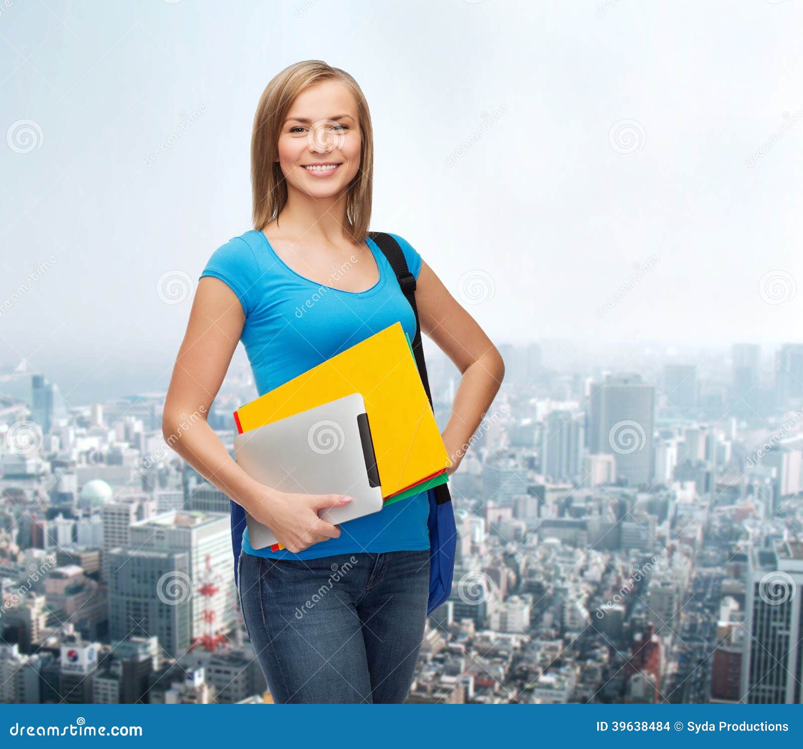 Smiling Student with Bag, Folders and Tablet Pc Stock Photo - Image of ...