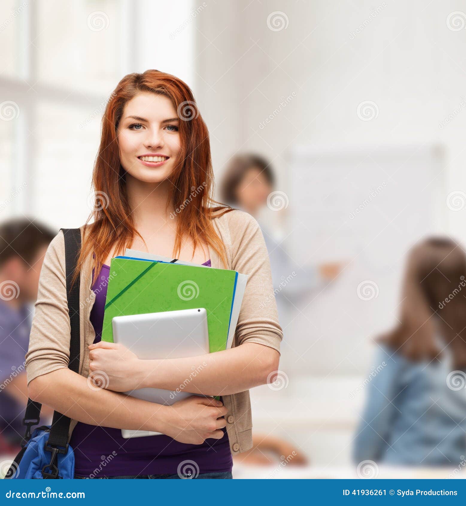 Smiling Student with Bag, Folders and Tablet Pc Stock Image - Image of ...