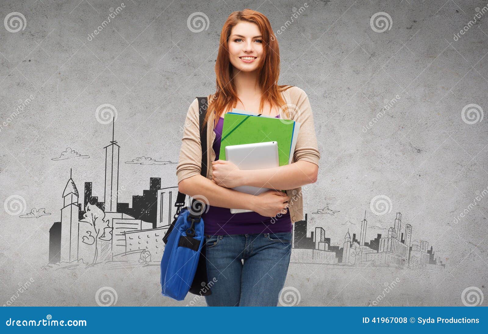 Smiling Student with Bag, Folders and Tablet Pc Stock Photo - Image of ...