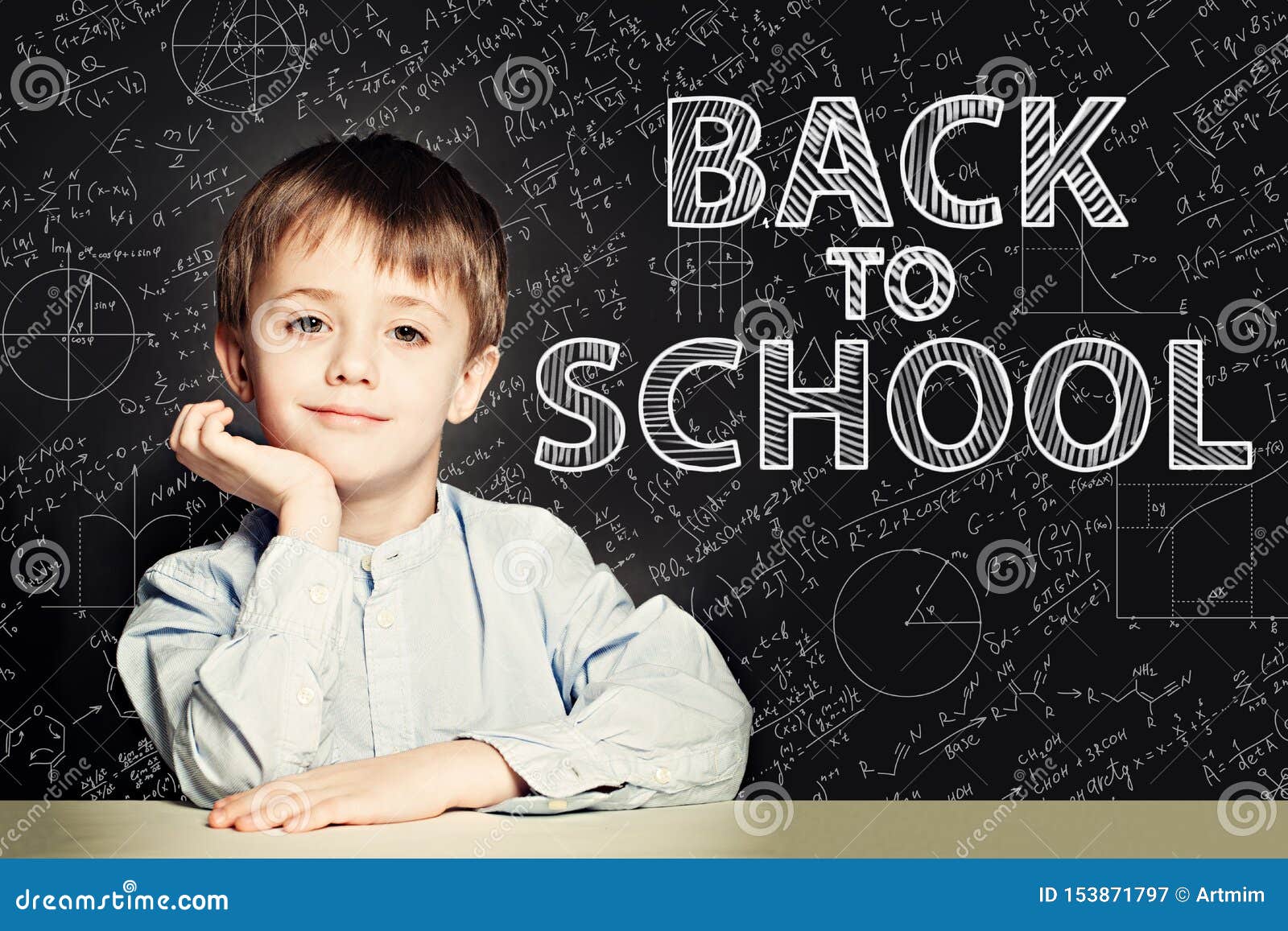 Smiling Student Child Thinking on Chalkboard. Stock Image - Image of ...