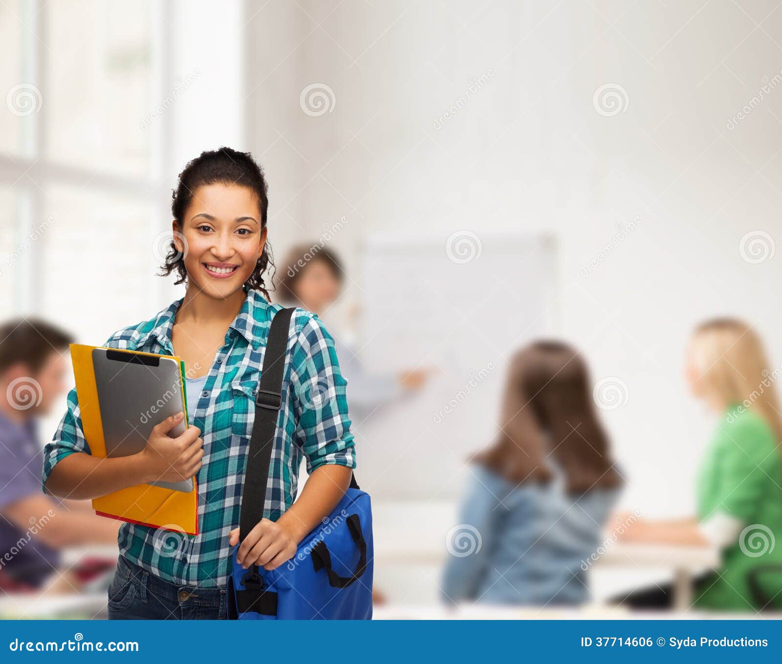 Smiling Student with Folders, Tablet Pc and Bag Stock Photo - Image of ...