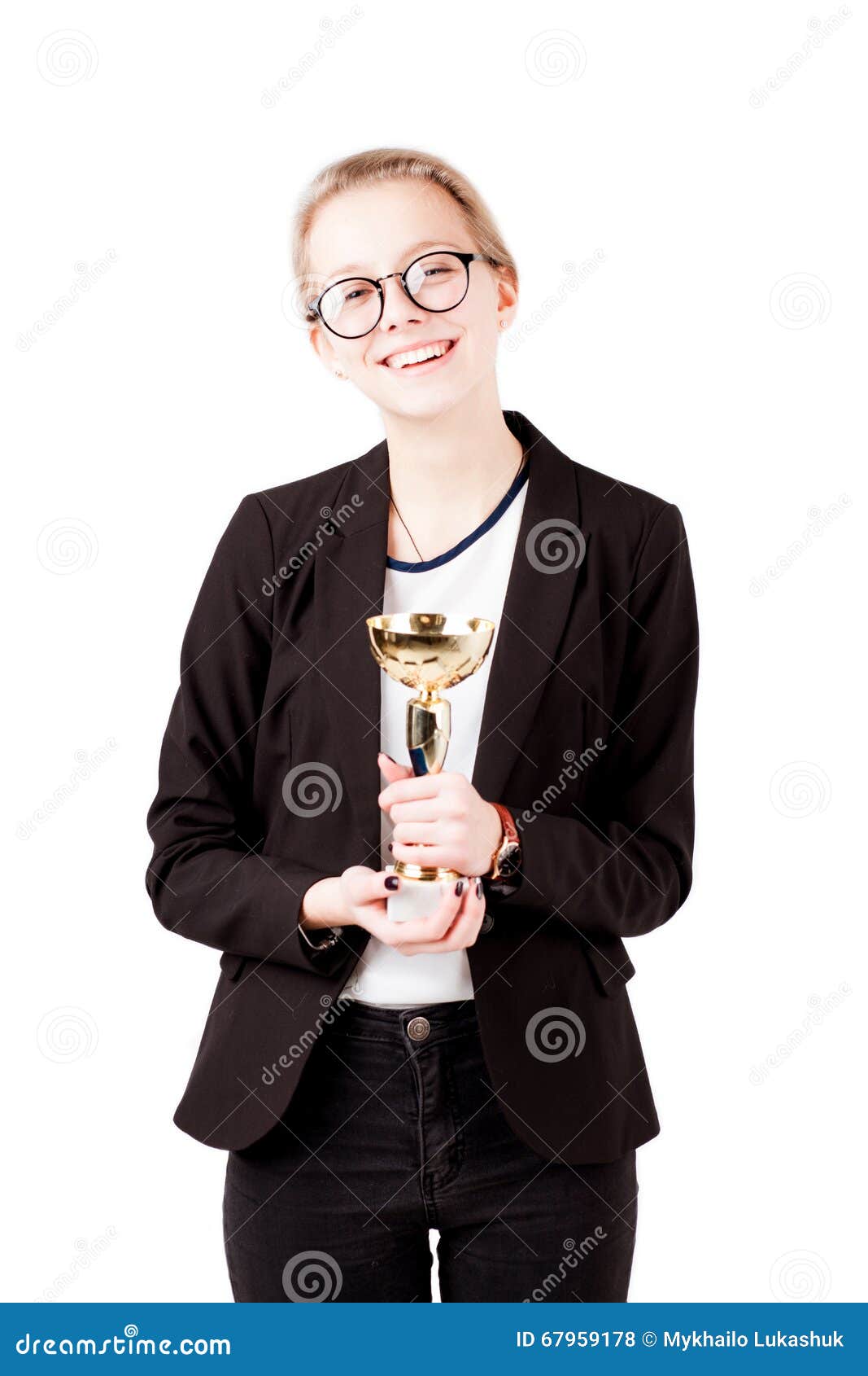 Smiling Student Girl Celebrate with Trophy Isolated Stock Photo - Image ...