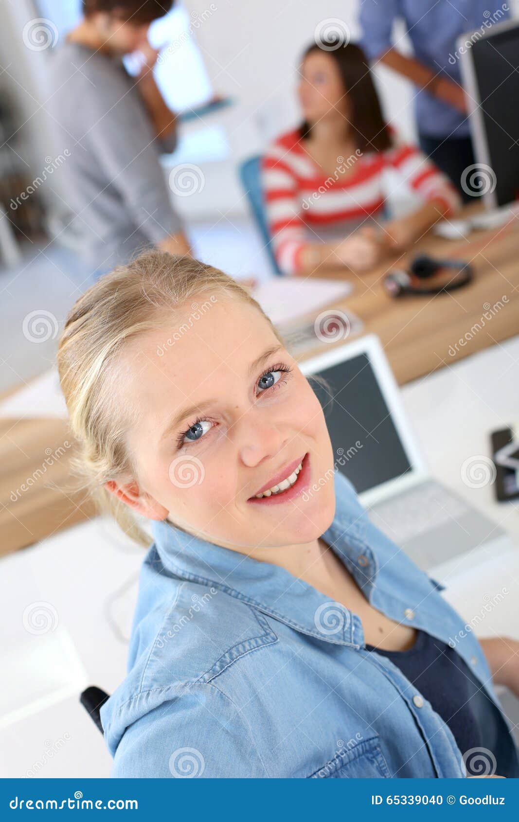 Smiling Student Girl in Class with Laptop Stock Photo - Image of ...