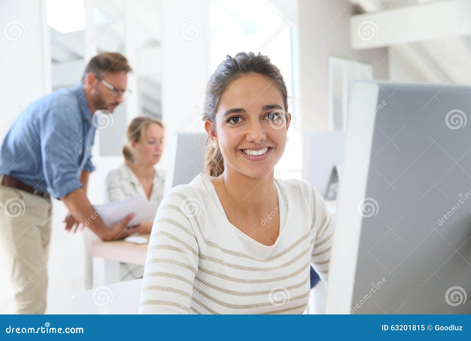 Smiling Student Girl on Desktop Computer Stock Image - Image of ...