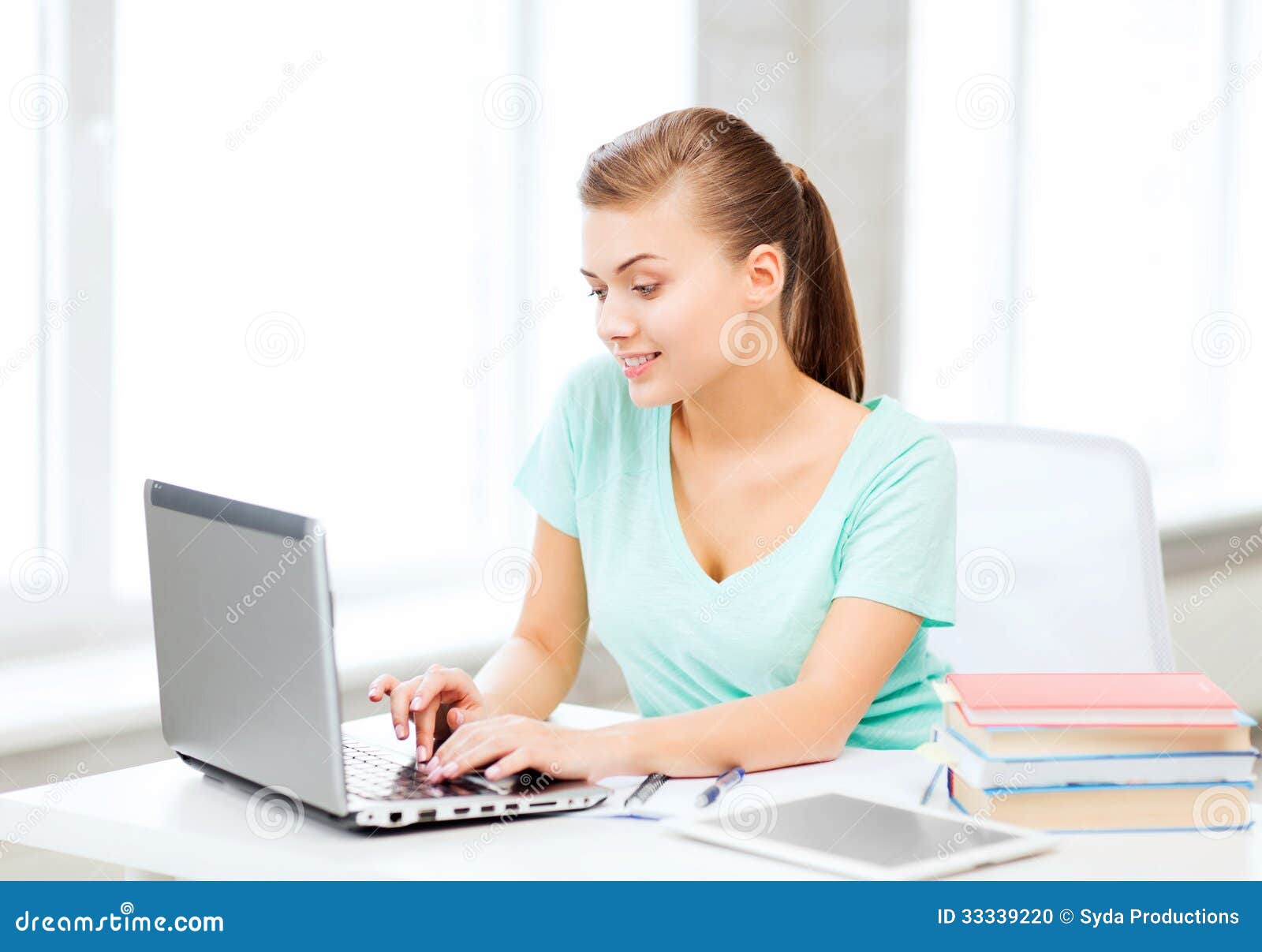 Smiling Student Girl with Laptop Stock Photo - Image of attractive ...