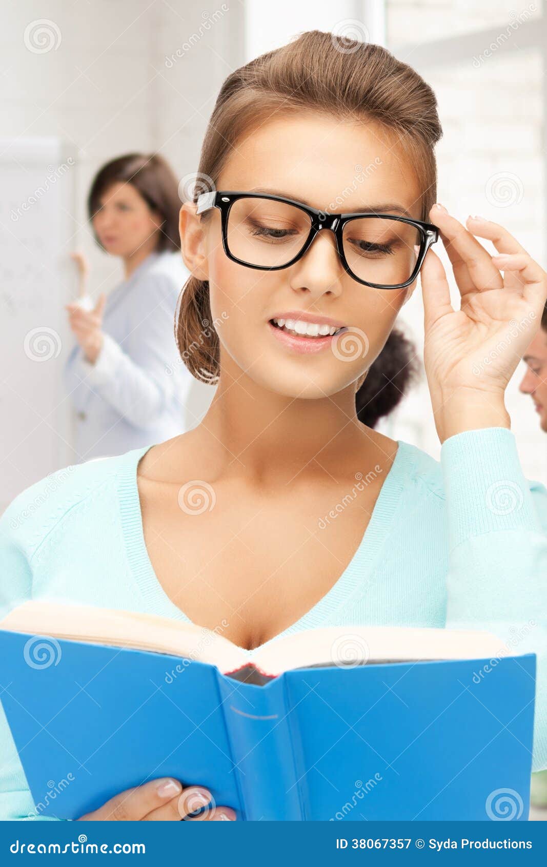 Smiling Student Girl Reading Book at School Stock Image - Image of ...