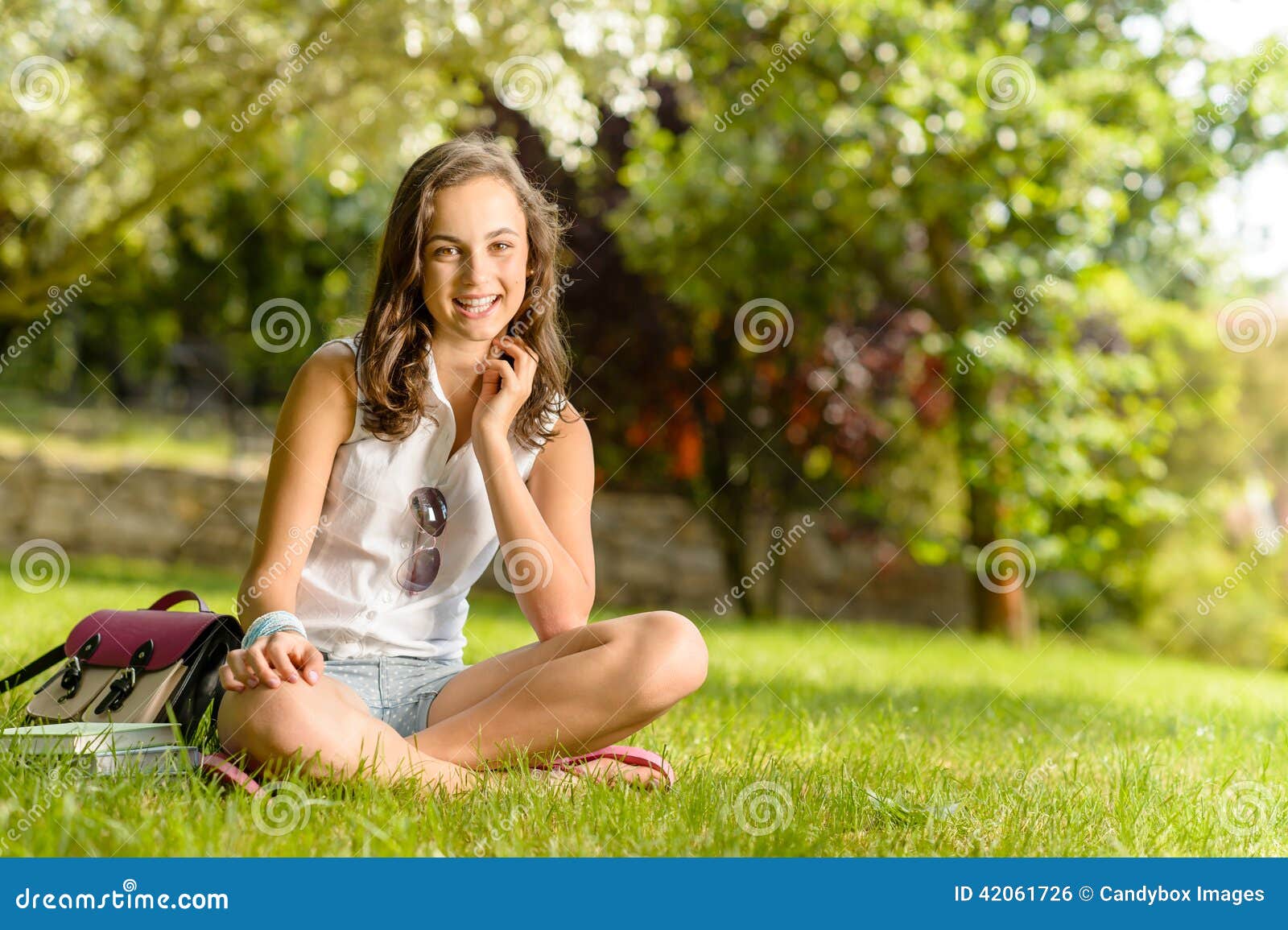 Smiling Student Girl Sitting Grass Summer Park Stock Photo - Image of ...