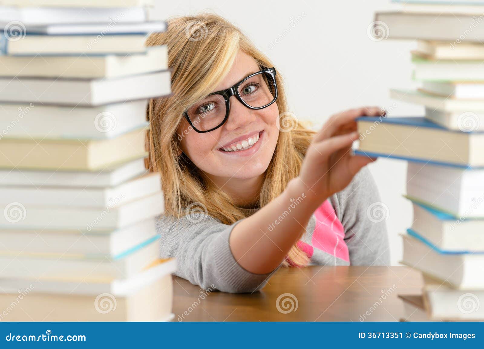 Smiling Student Girl Take Book from Stack Stock Image - Image of read ...