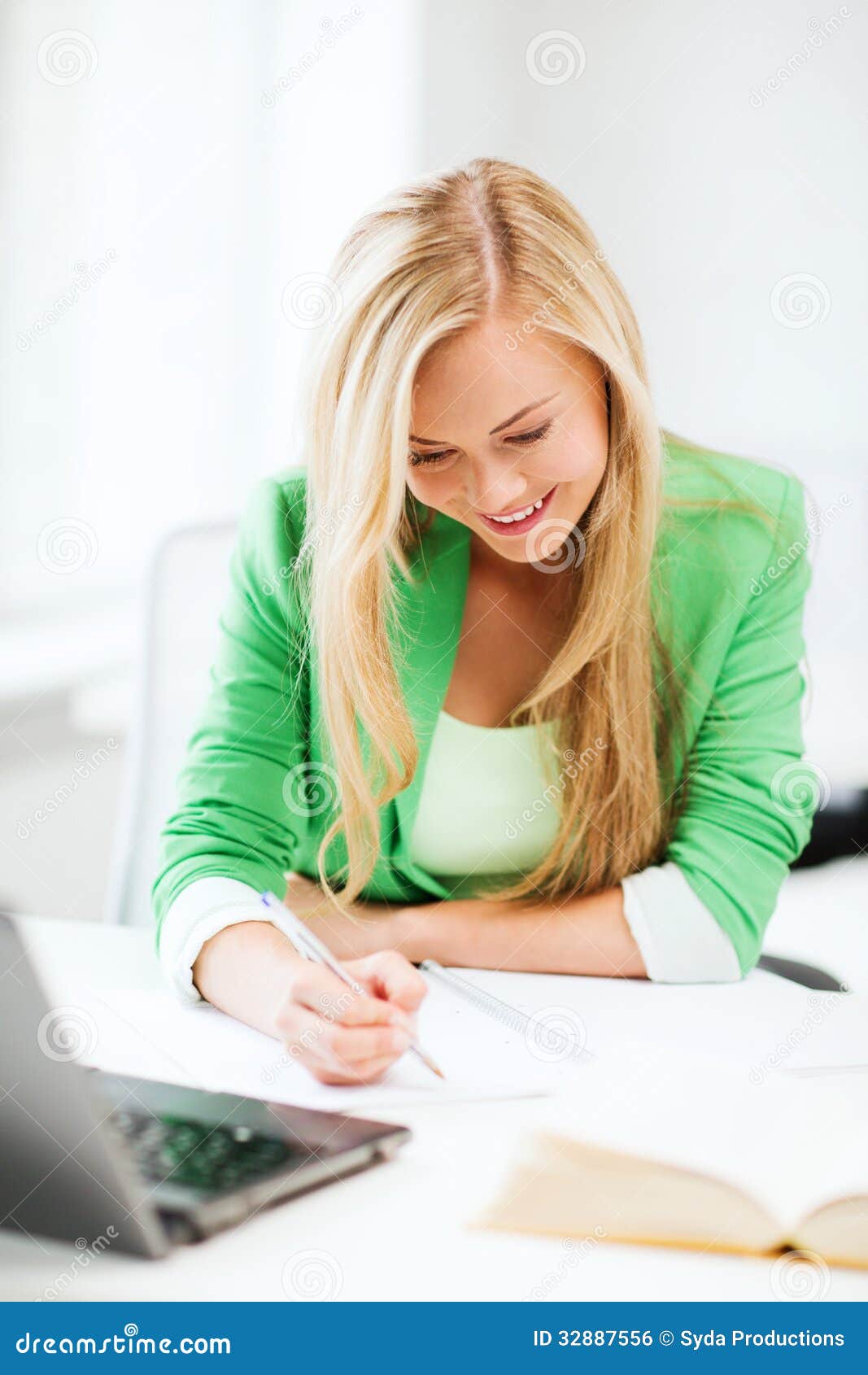 Smiling Student Girl Writing in Notebook Stock Photo - Image of online ...