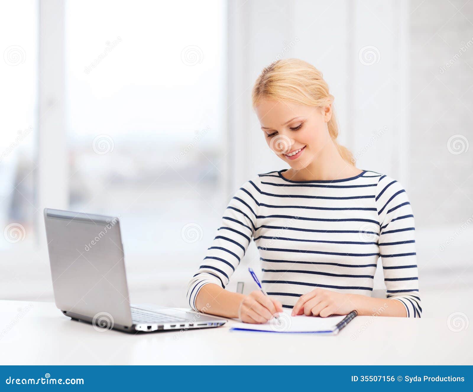 Smiling Student with Laptop Computer and Documents Stock Photo - Image ...