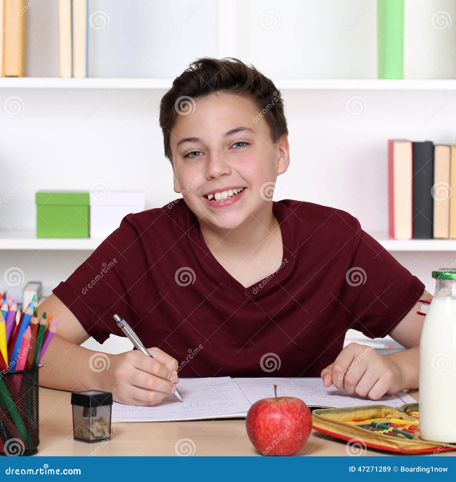 Smiling Student Learning at School Stock Image - Image of writing ...