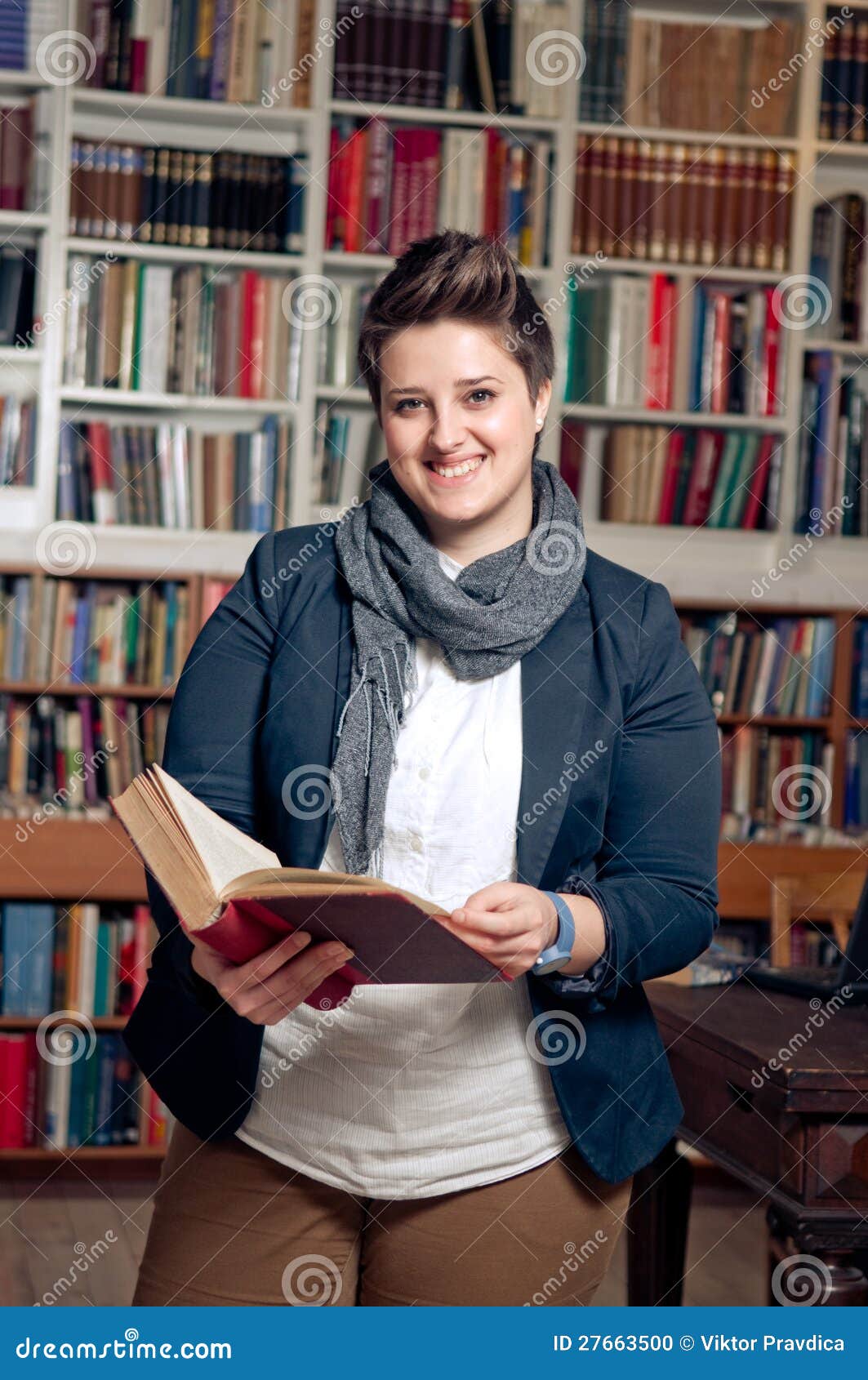 Smiling Student or Librarian Stock Photo - Image of holding, academic ...