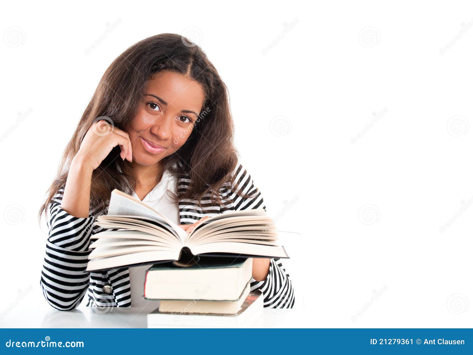 Smiling Student with Open Books Doing Homework Stock Image - Image of ...