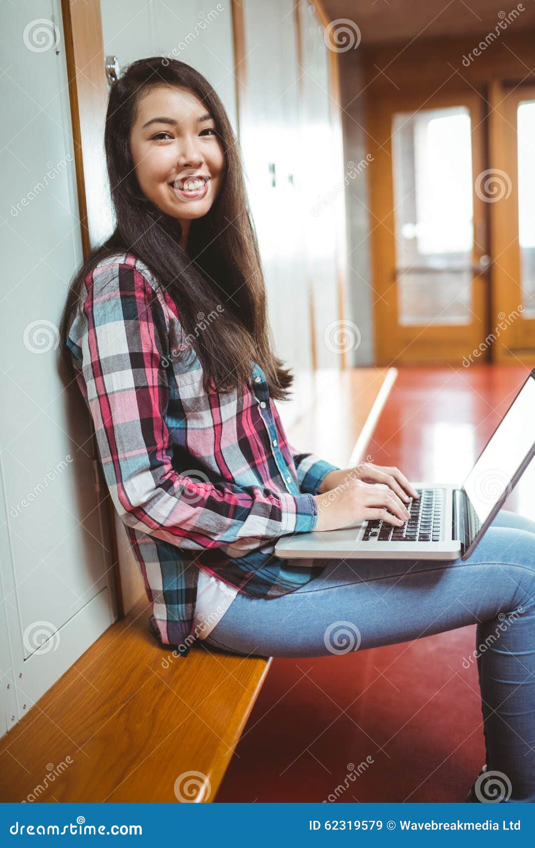 Smiling Student Sitting at the Computer Stock Image - Image of sitting ...