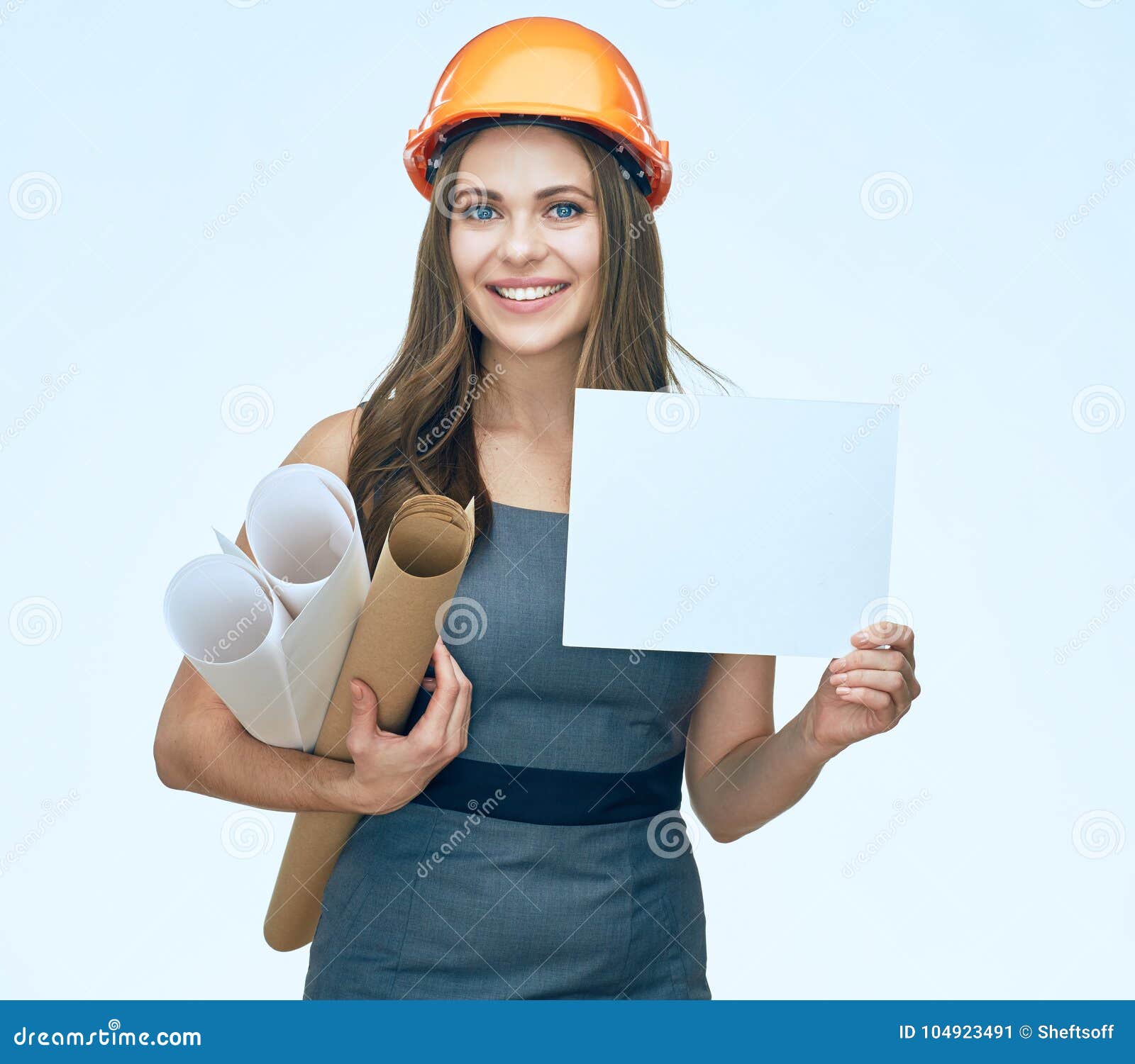 Smiling Student Woman Architect Holding White Empty Advertising Stock ... Smiling Student Woman Architect Holding White Empty Advertising Stock ...