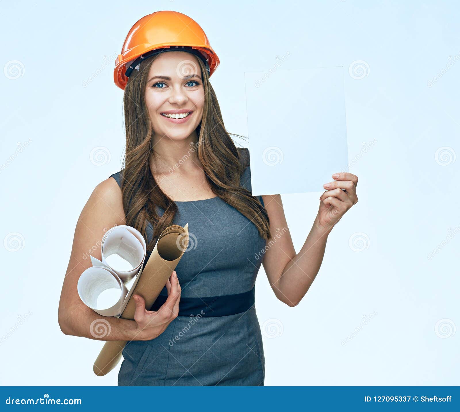 Smiling Student Woman Architect Holding White Empty Advertising Stock ... Smiling Student Woman Architect Holding White Empty Advertising Stock ...