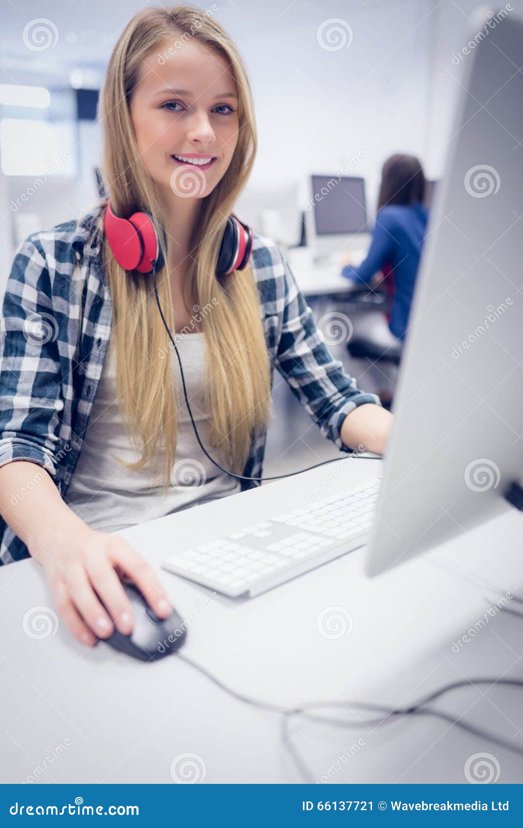 Smiling Student Working on Computer Stock Image - Image of happiness ...