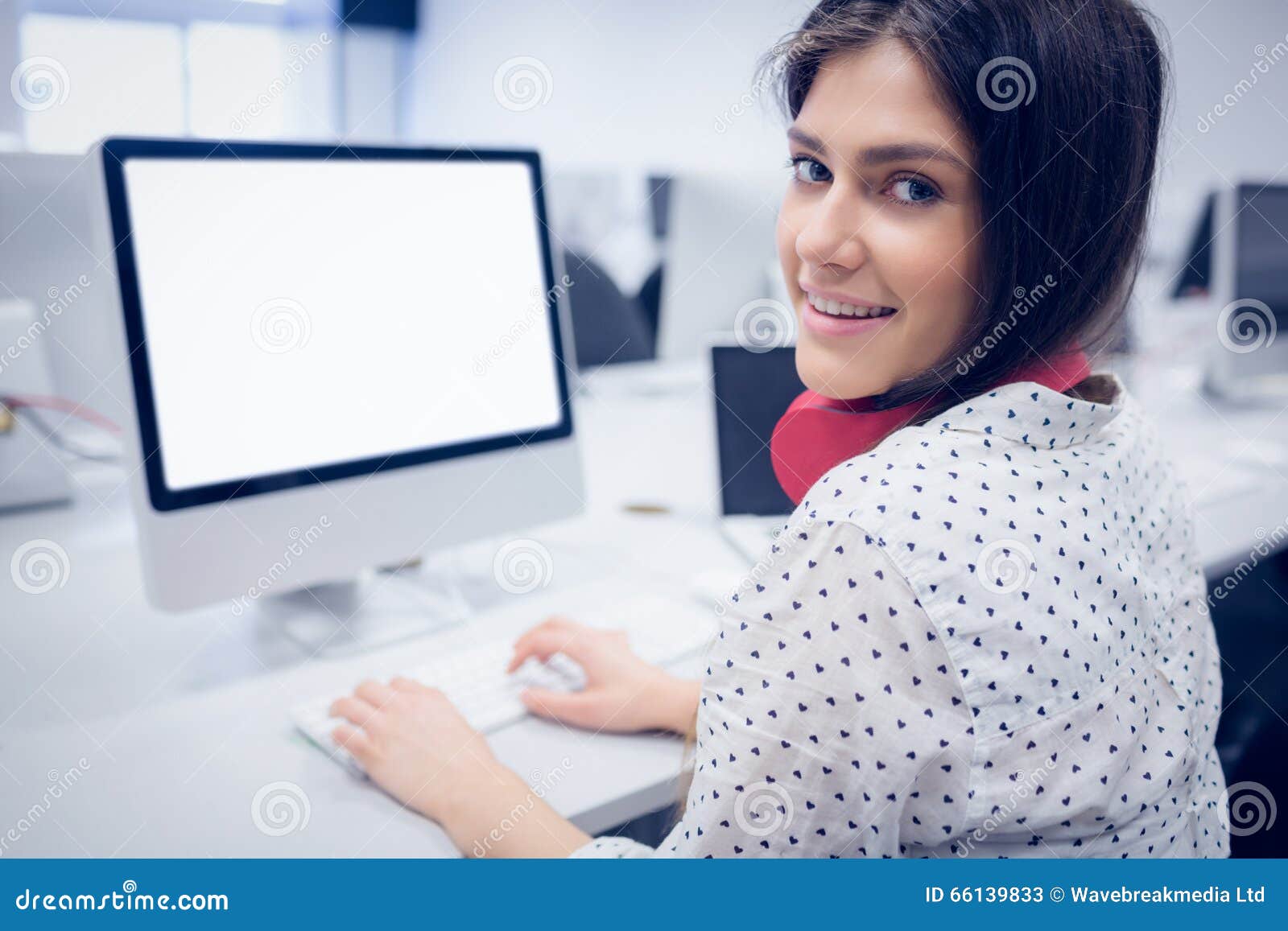 Smiling Student Working on Computer Stock Image - Image of classroom ...