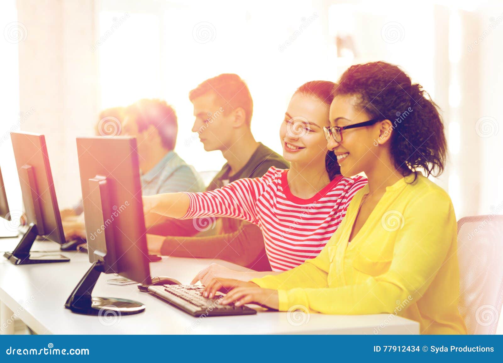 Smiling Students in Computer Class at School Stock Photo - Image of ...