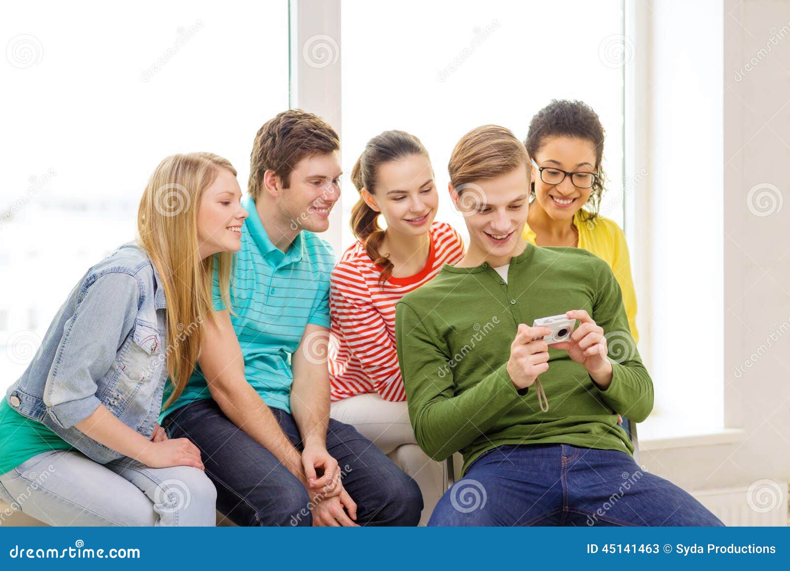 Smiling Students with Digital Camera at School Stock Image - Image of ...
