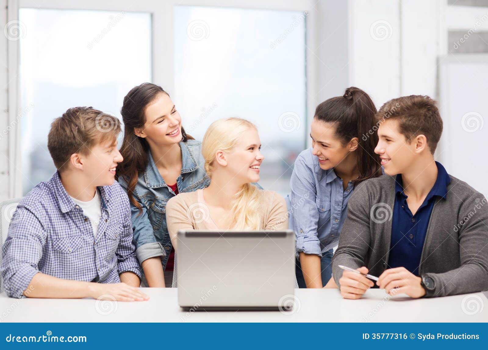 Smiling Students with Laptop at School Stock Photo - Image of college ...