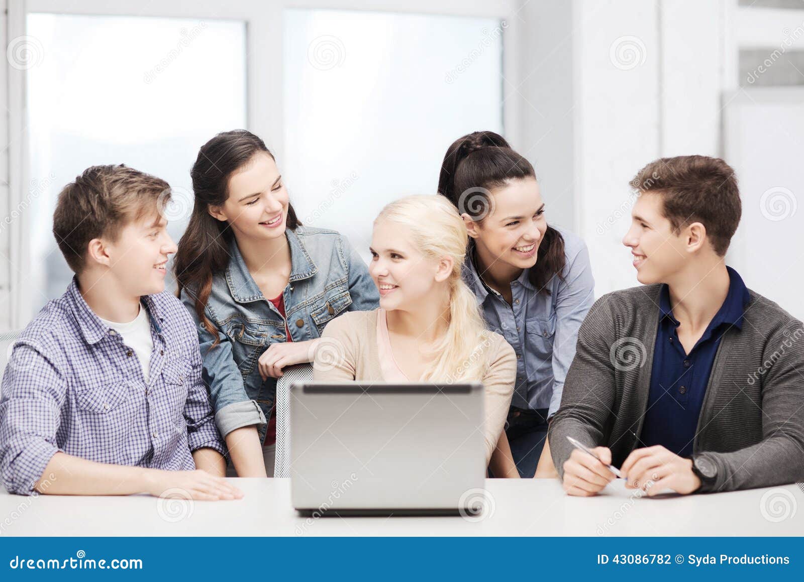 Smiling Students with Laptop at School Stock Photo - Image of people ...
