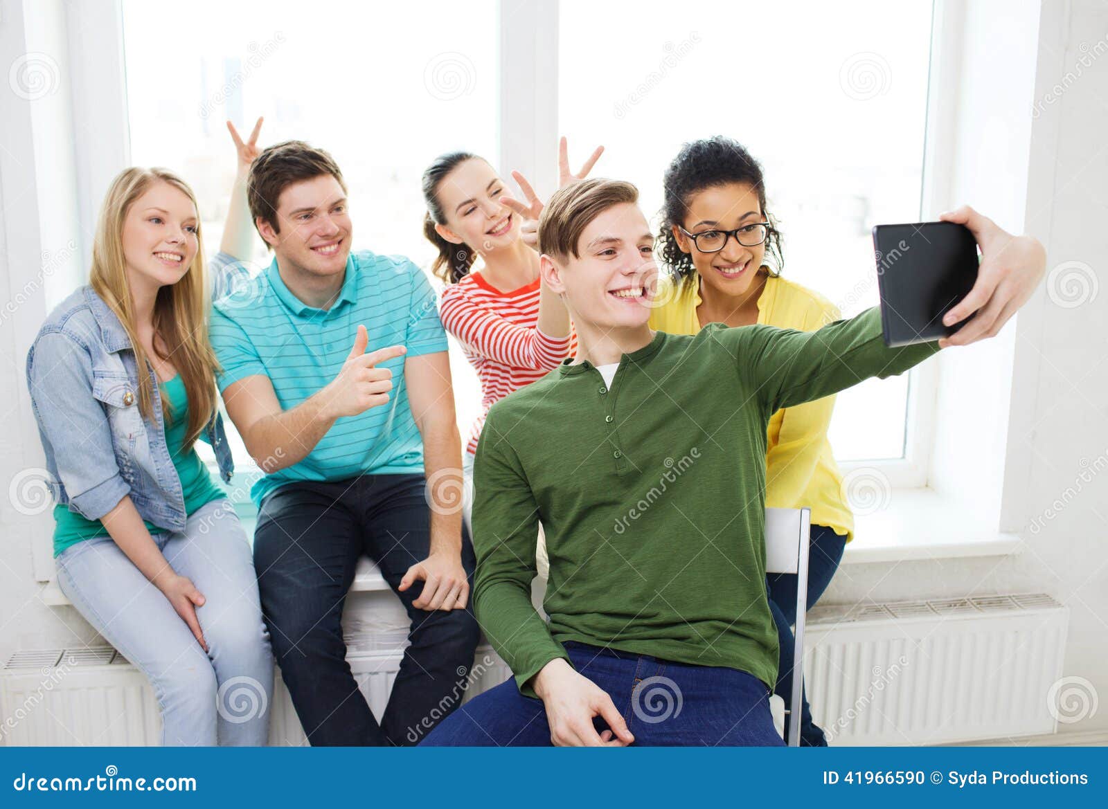 Smiling Students Making Picture with Tablet Pc Stock Photo - Image of selfie, elearning: 41966590