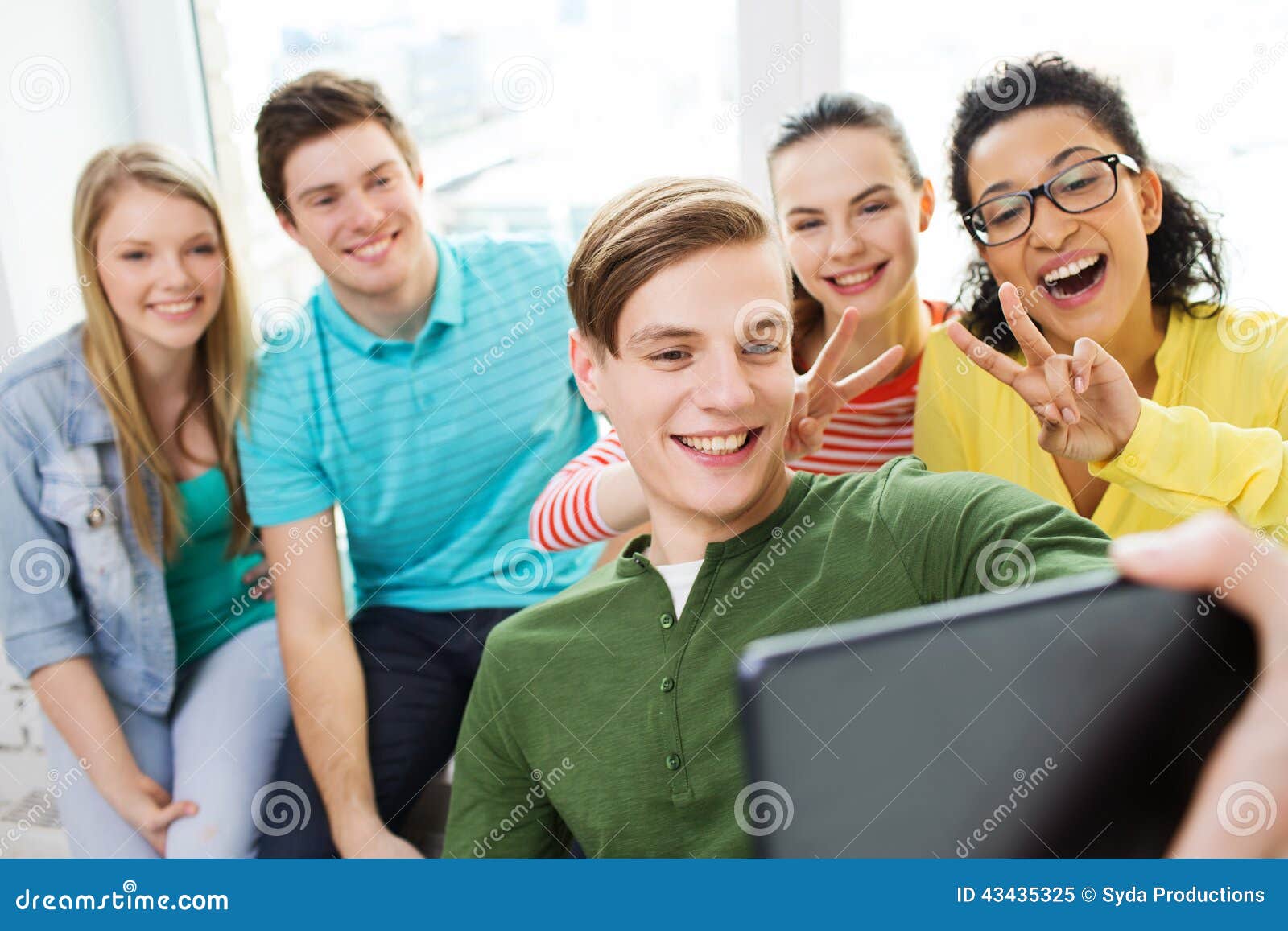 Smiling Students Making Selfie with Tablet Pc Stock Image - Image of ...