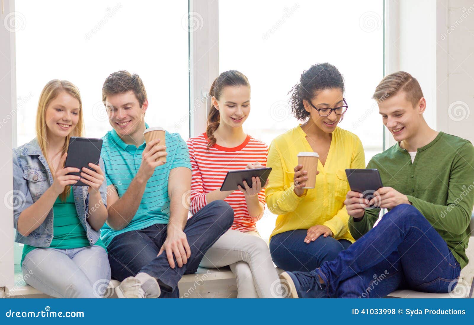 Smiling Students with Tablet Pc Computer Stock Photo - Image of five ...