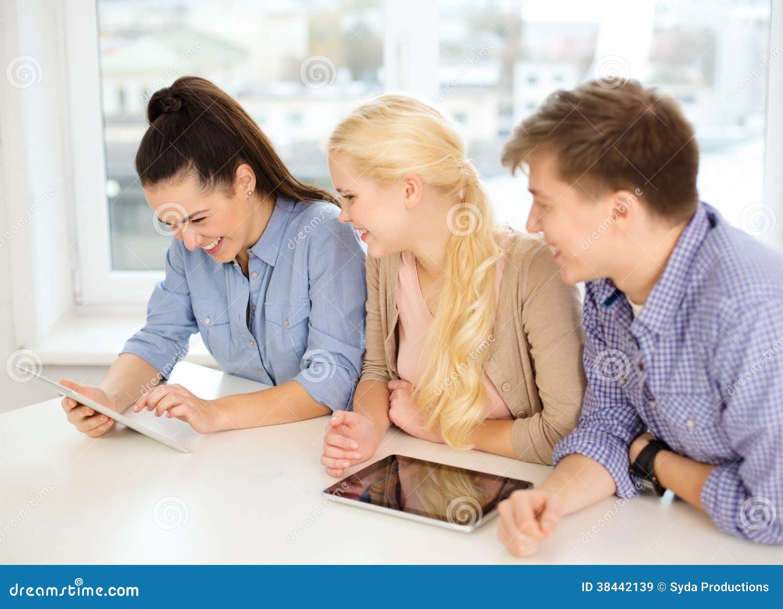 Smiling Students with Tablet Pc Computer at School Stock Image - Image ...