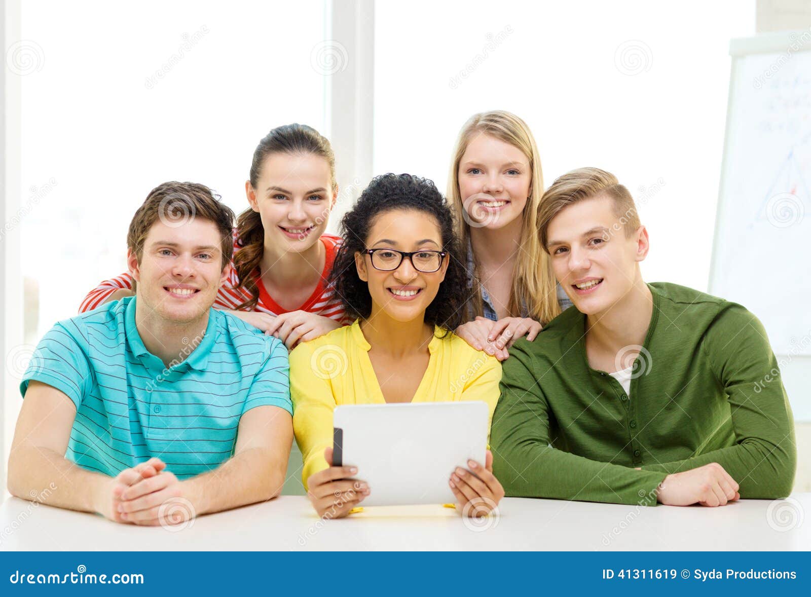 Smiling Students with Tablet Pc Computer at School Stock Image - Image ...