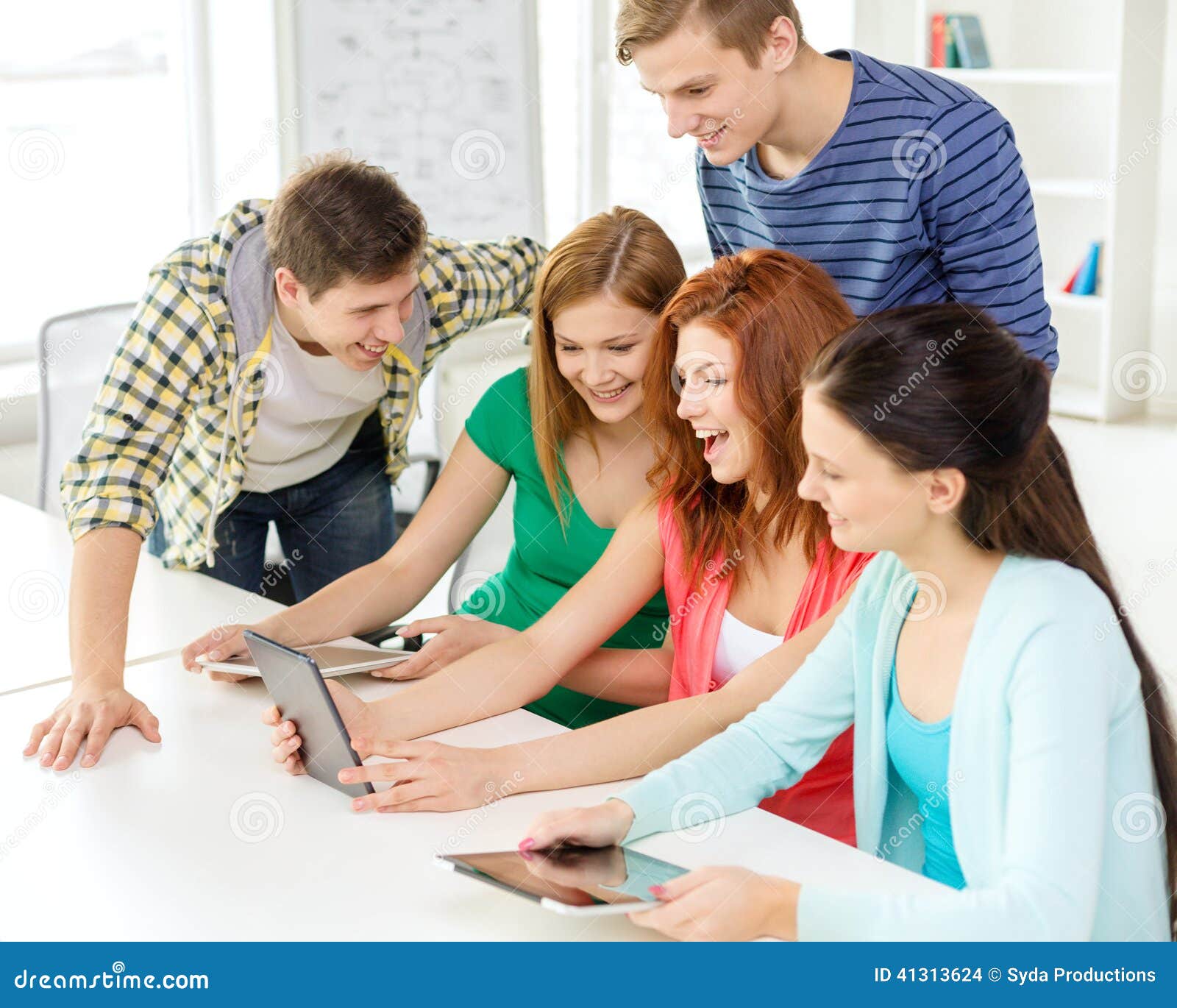 Smiling Students with Tablet Pc at School Stock Photo - Image of people ...