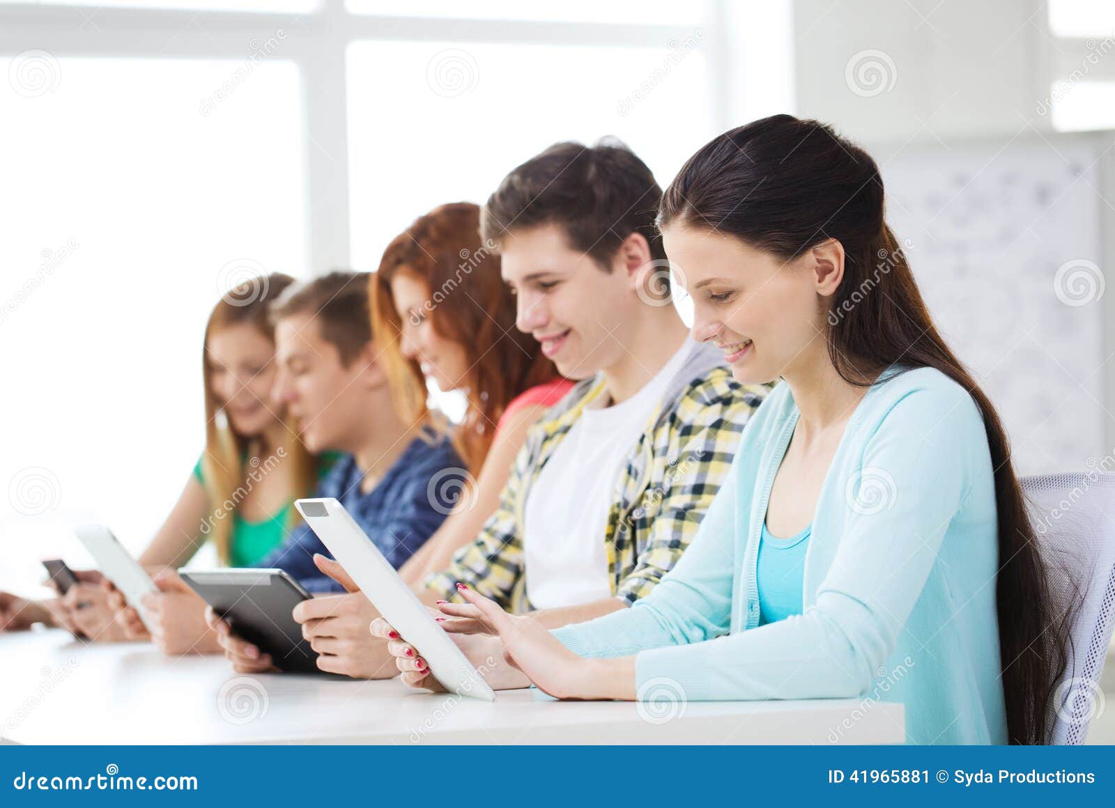Smiling Students with Tablet Pc at School Stock Image - Image of class ...