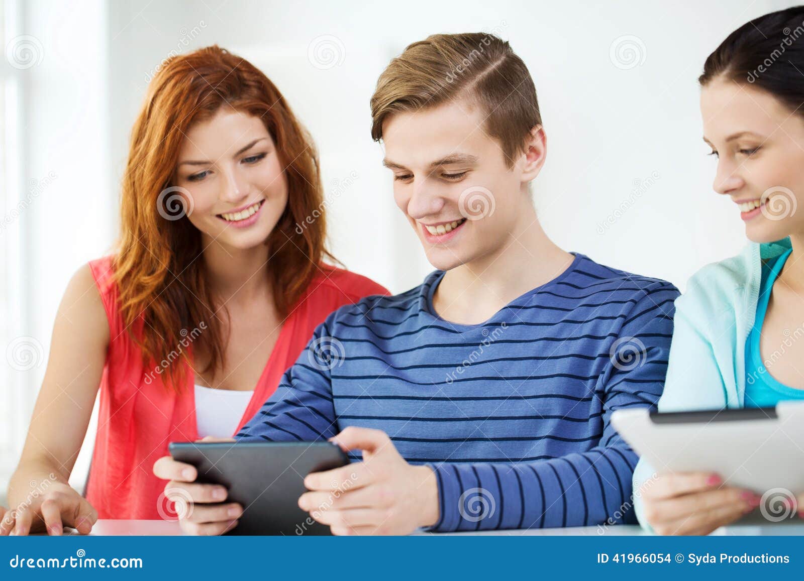 Smiling Students with Tablet Pc at School Stock Photo - Image of ...