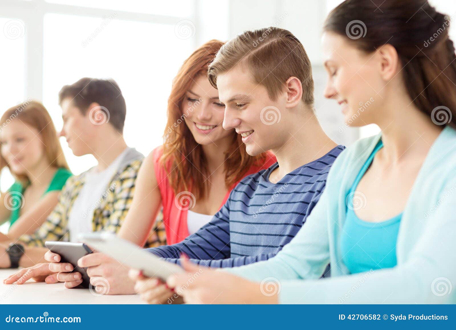 Smiling Students with Tablet Pc at School Stock Photo - Image of ...