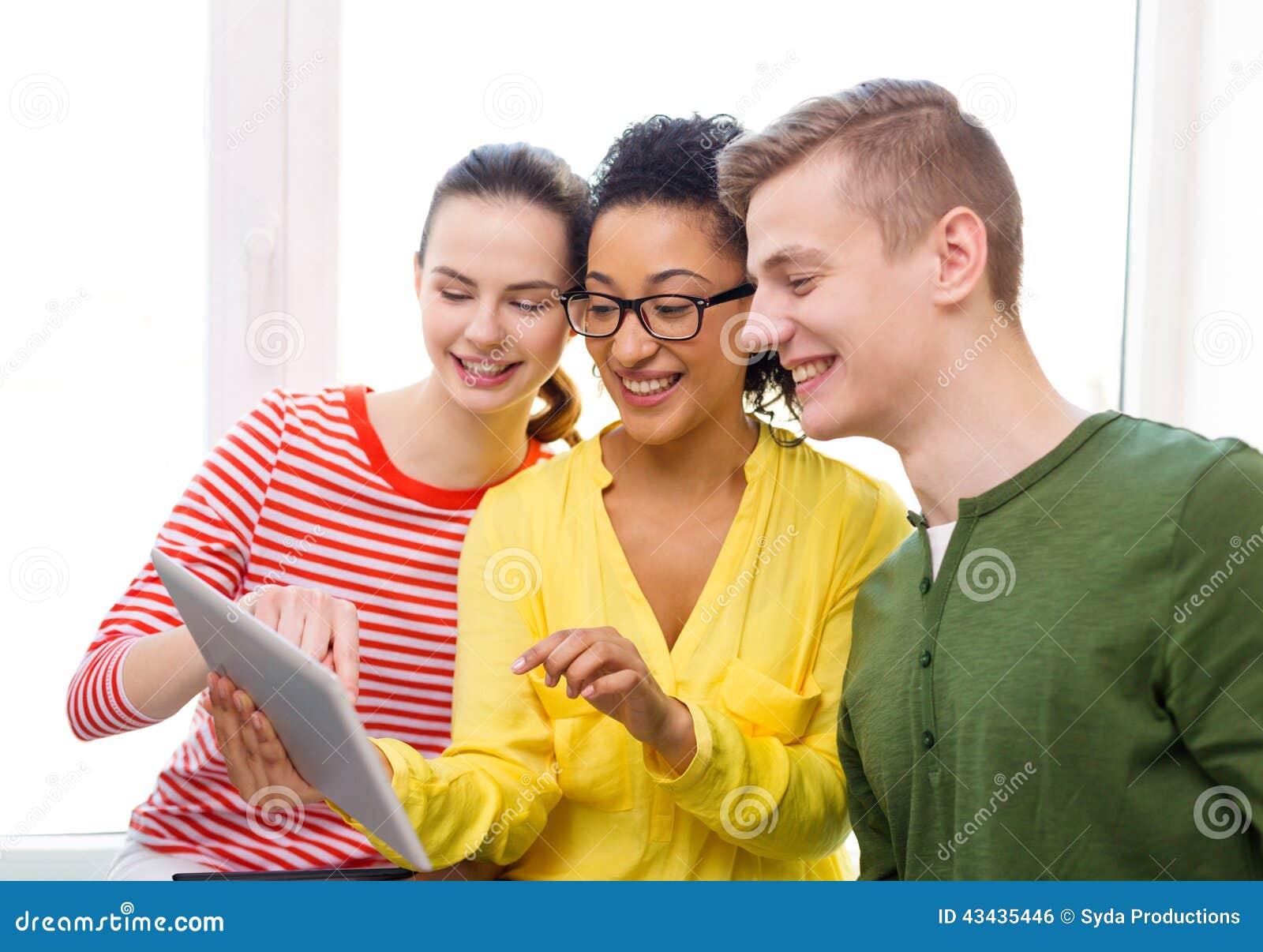 Smiling Students with Tablet Pc at School Stock Photo - Image of ...