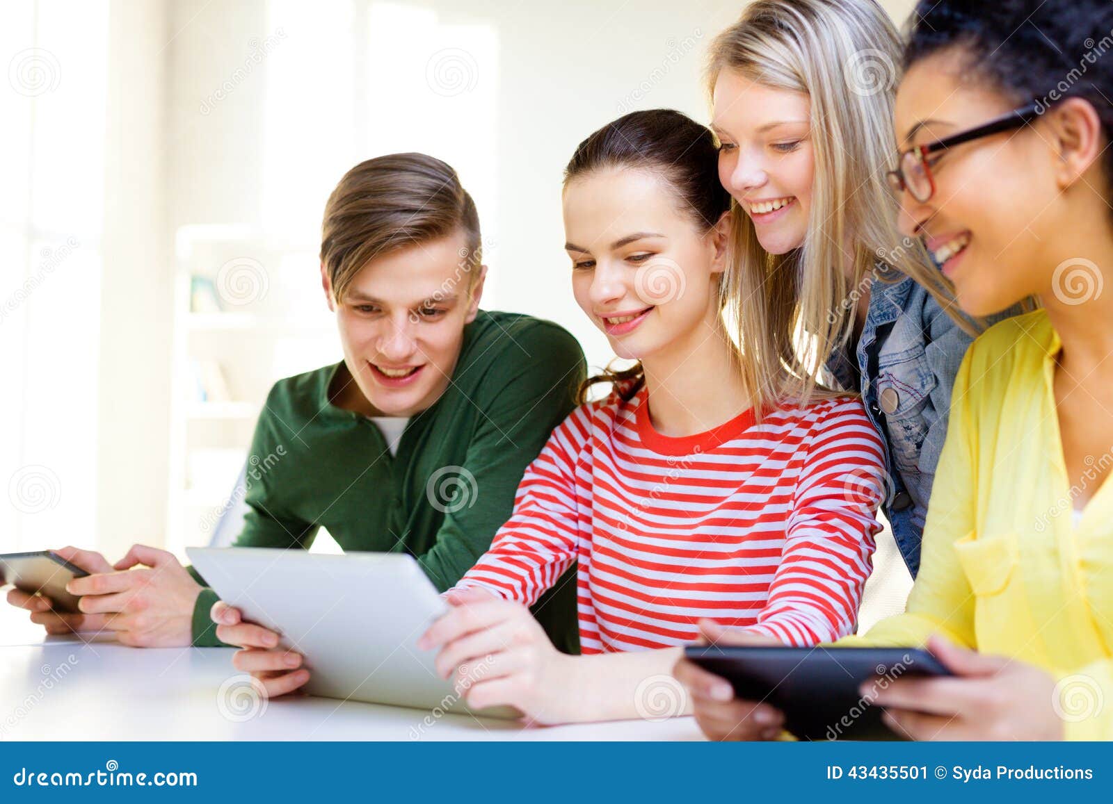 Smiling Students with Tablet Pc at School Stock Image - Image of ...