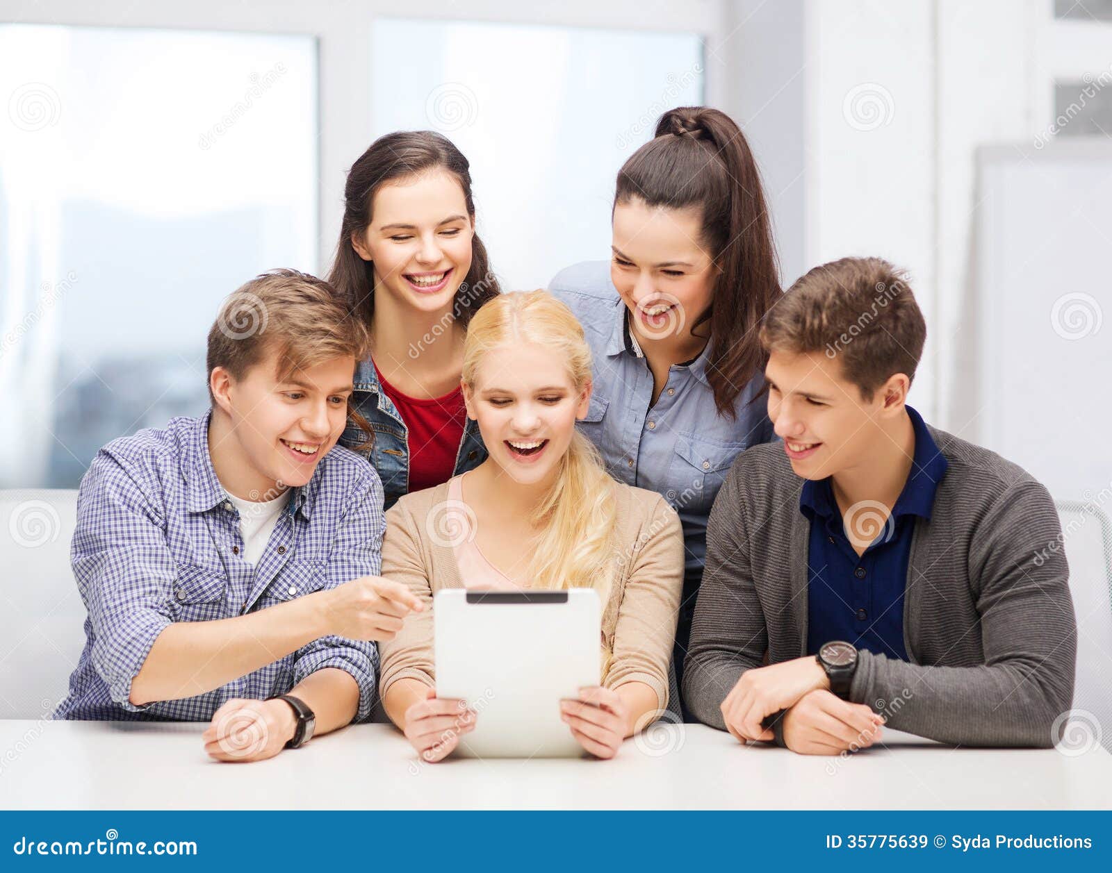 Smiling Students with Tablet Pc at School Stock Image - Image of ...