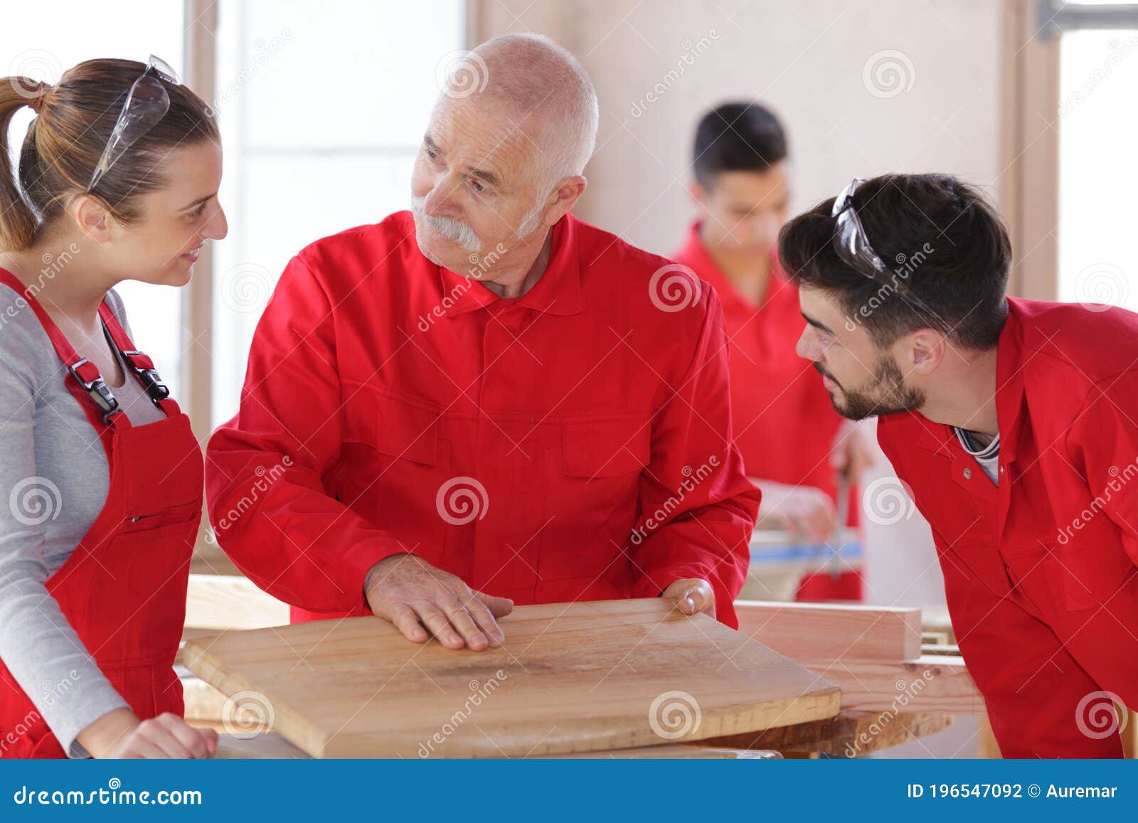 Smiling Students and Teacher in Carpentry Class Stock Photo - Image of ...
