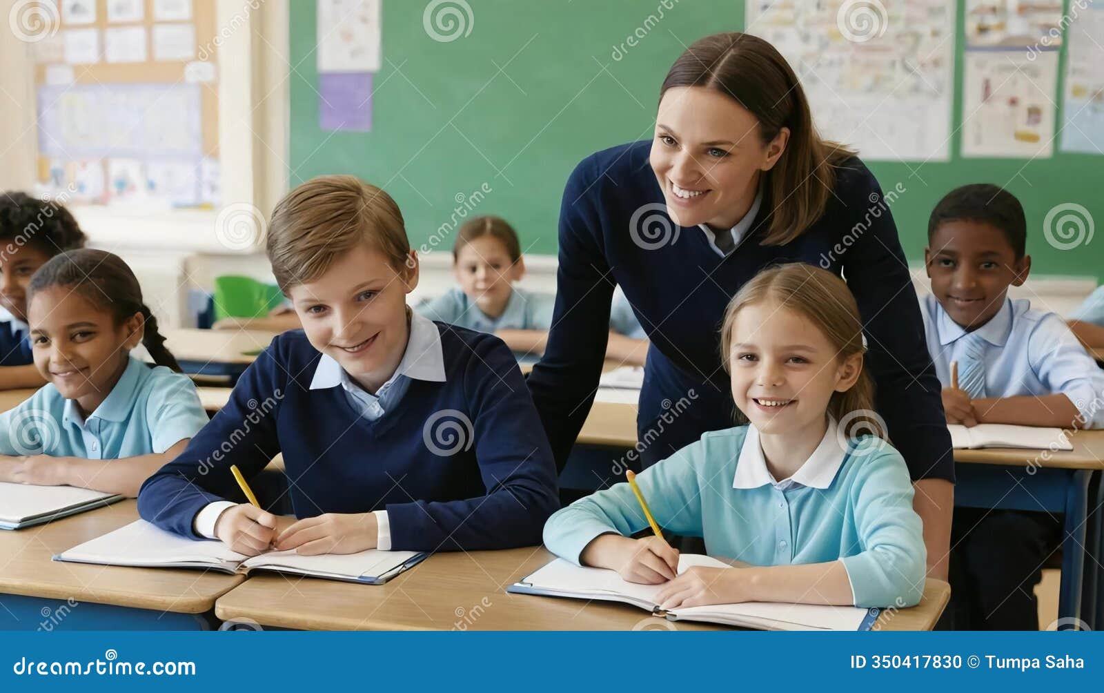 Smiling Students and Teacher in Classroom Setting Stock Illustration - Illustration of engaged ...