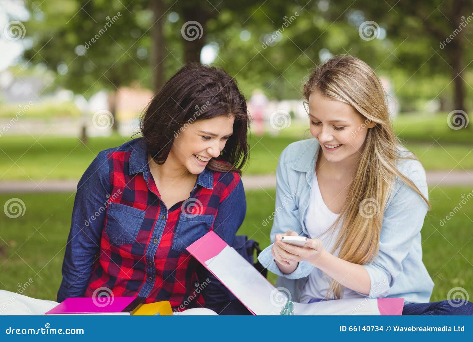 Smiling Students Using Smartphone Stock Photo - Image of friends, lawn ...