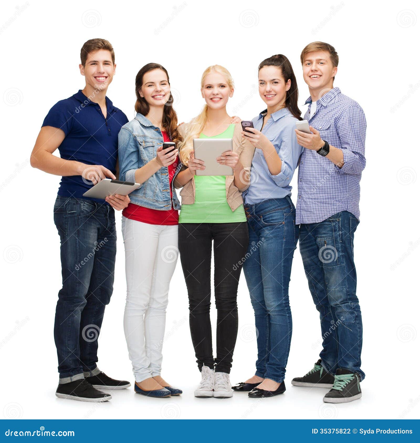 Smiling Students Using Smartphones and Tablet Pc Stock Photo - Image of ...
