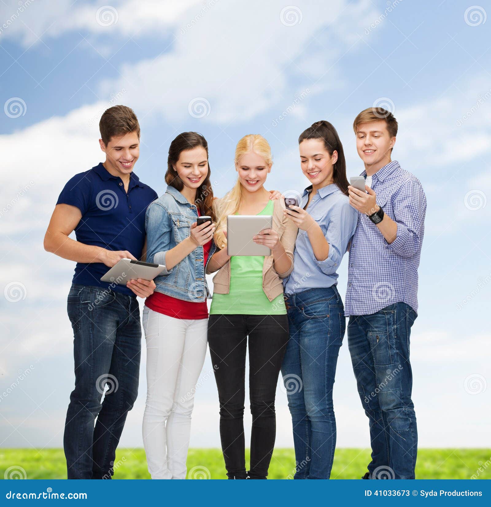 Smiling Students Using Smartphones and Tablet Pc Stock Image - Image of ...
