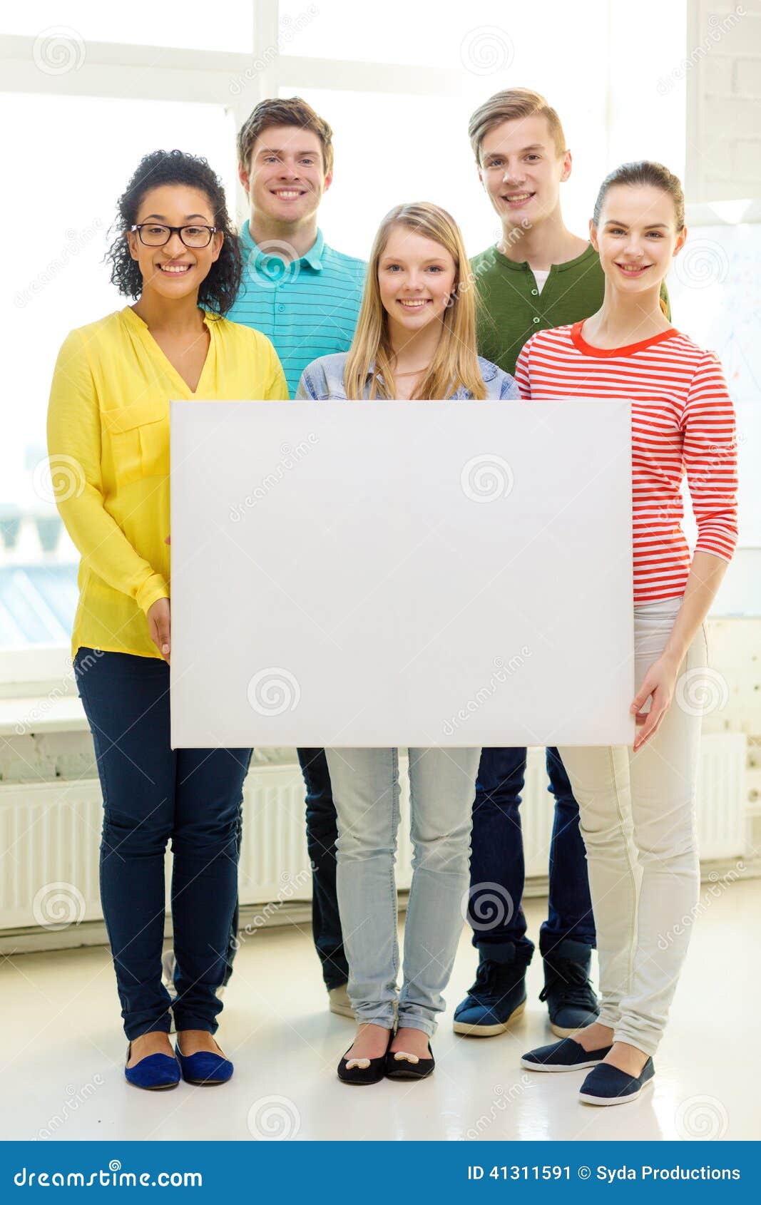 Smiling Students with White Blank Board at School Stock Image - Image ...