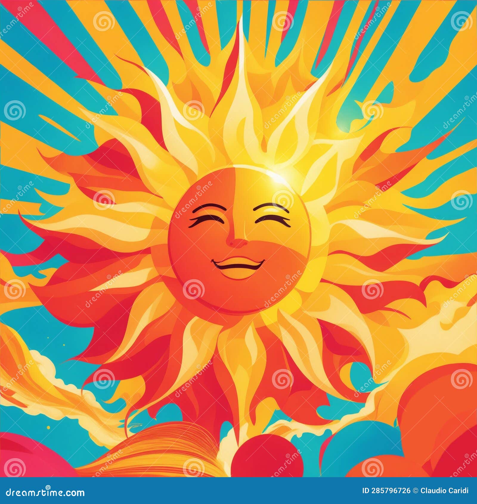 Smiling Summer Sun in Its Multi-colored Rays. Stock Illustration ...