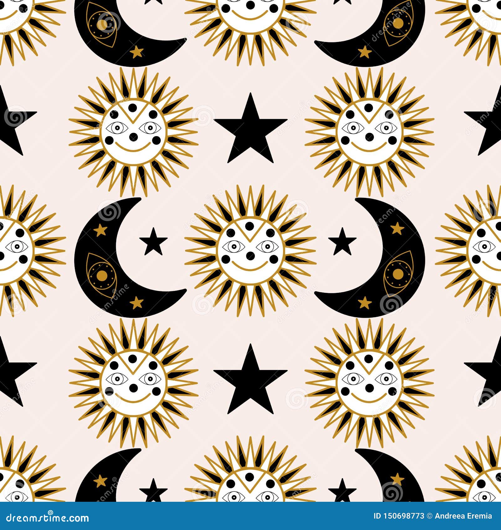 Smiling Sun and Moon, in a Geometric Pattern Design Stock Vector ...