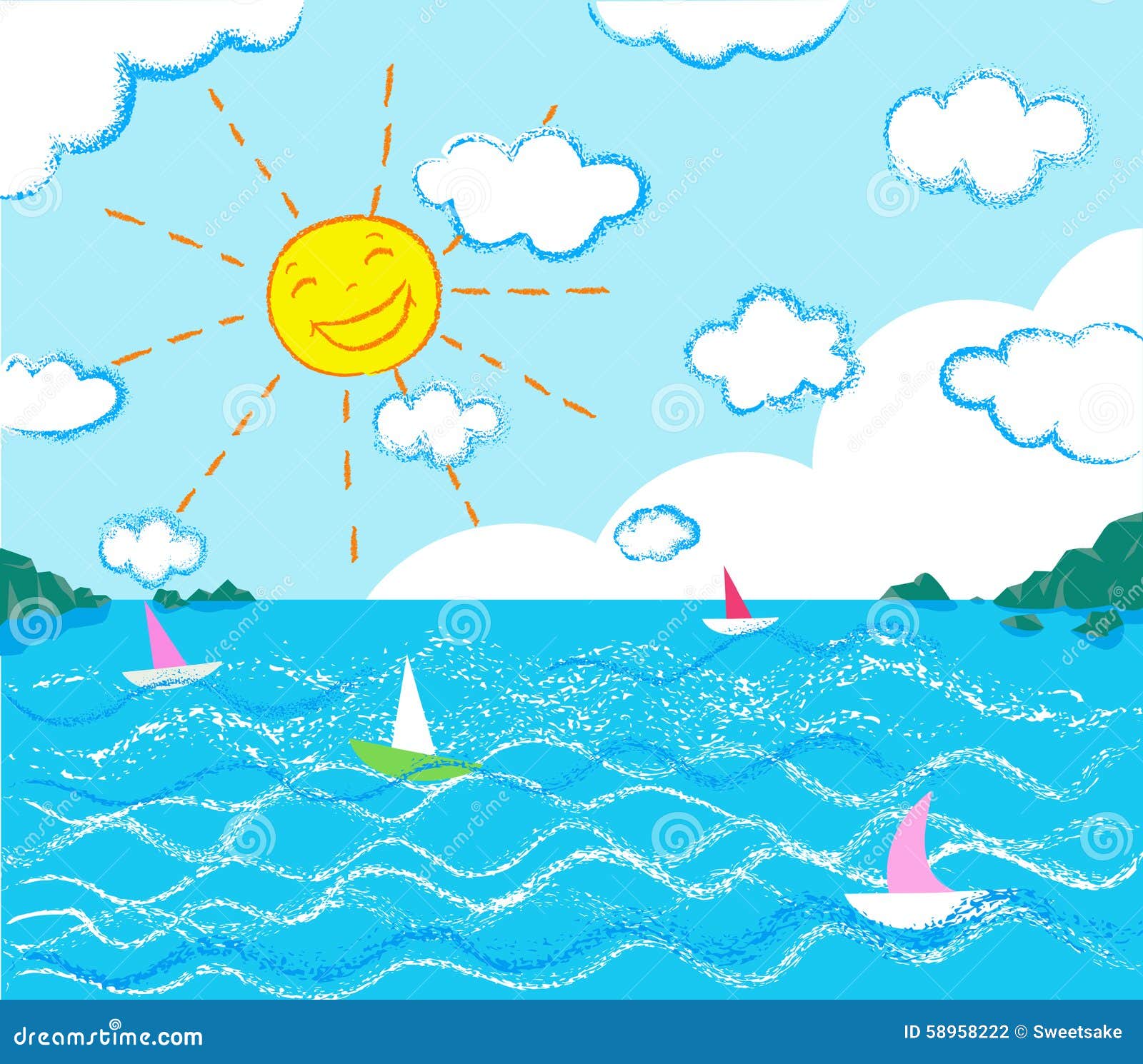Smiling Sun and Seascape Vector Chalk Draw Style Stock Vector ...