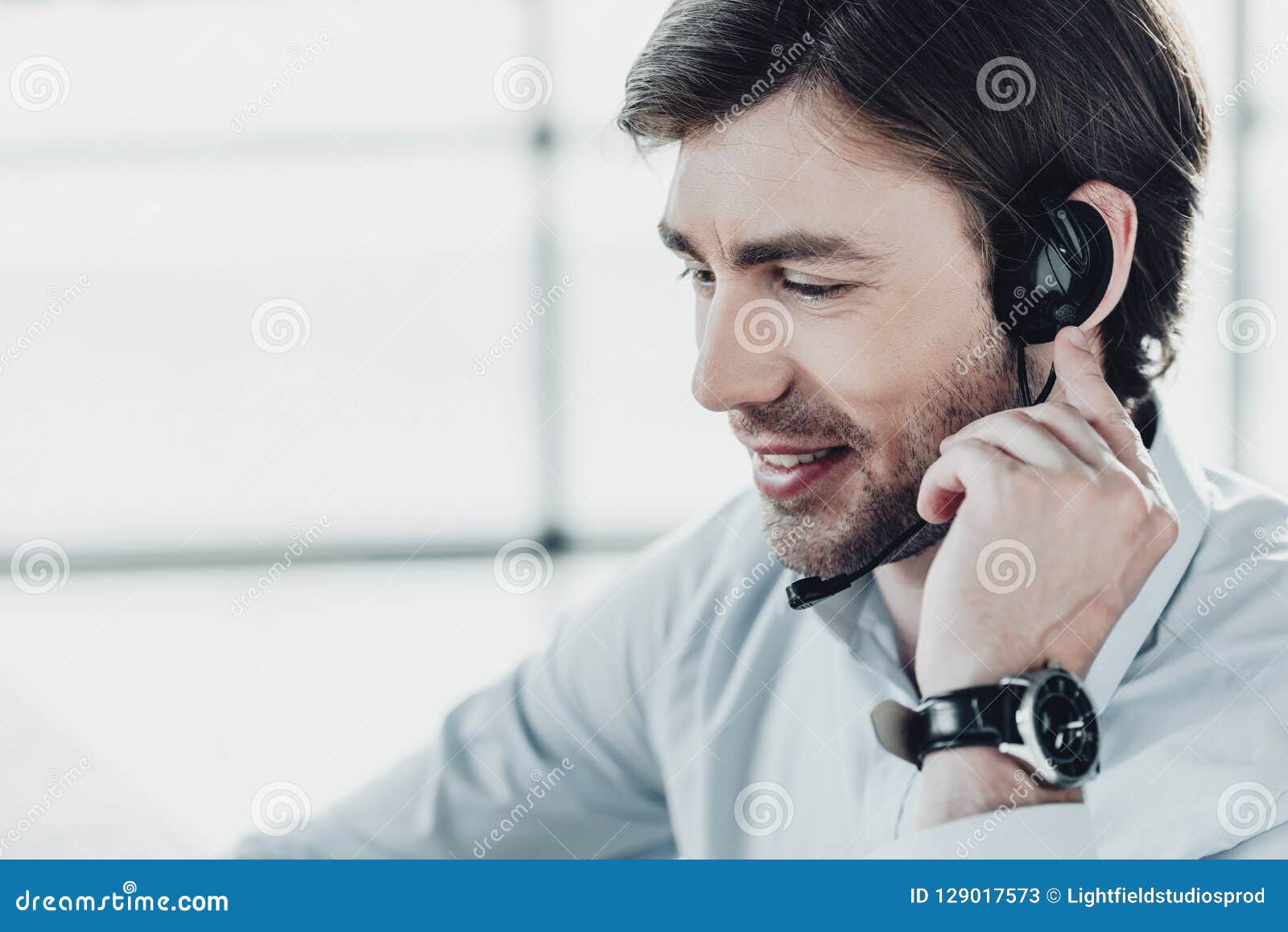 Smiling Support Hotline Worker in Headphones with Microphone Stock ...
