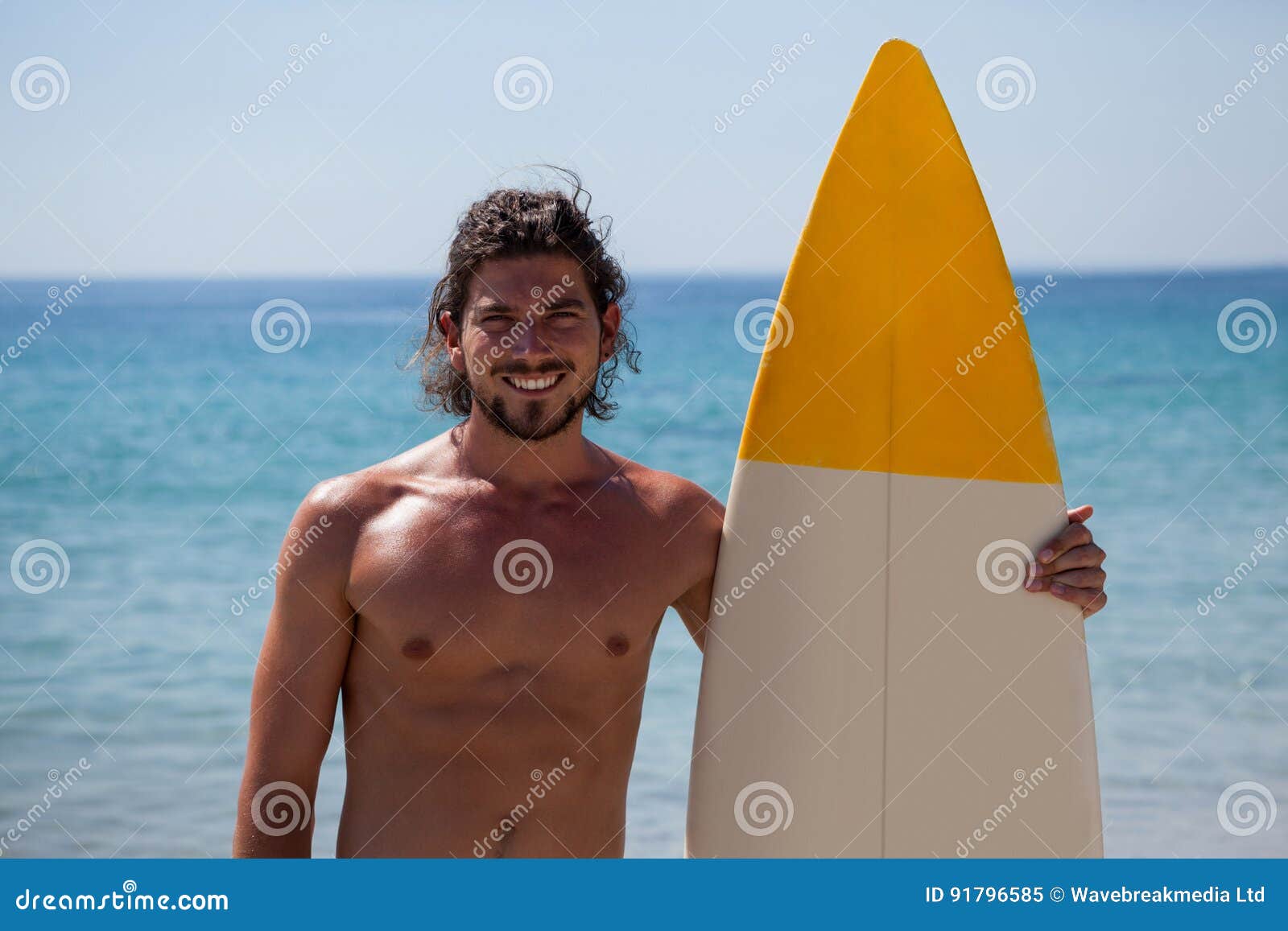 Smiling Surfer with Surfboard Standing at Beach Coast Stock Image ...