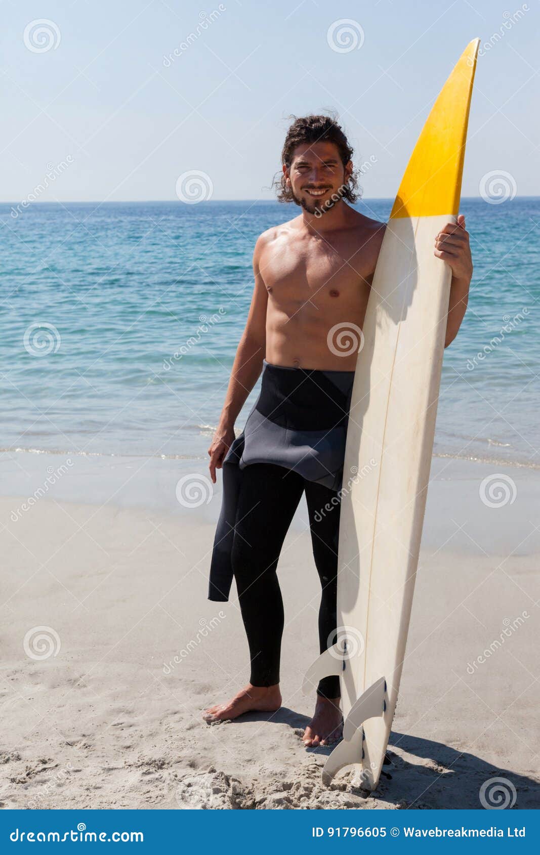 Smiling Surfer with Surfboard Standing at Beach Coast Stock Image ...